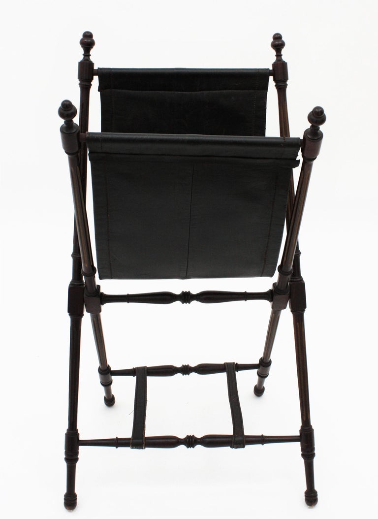 Spanish Folding Magazine Rack, Turned Wood and Black Leather For Sale ...