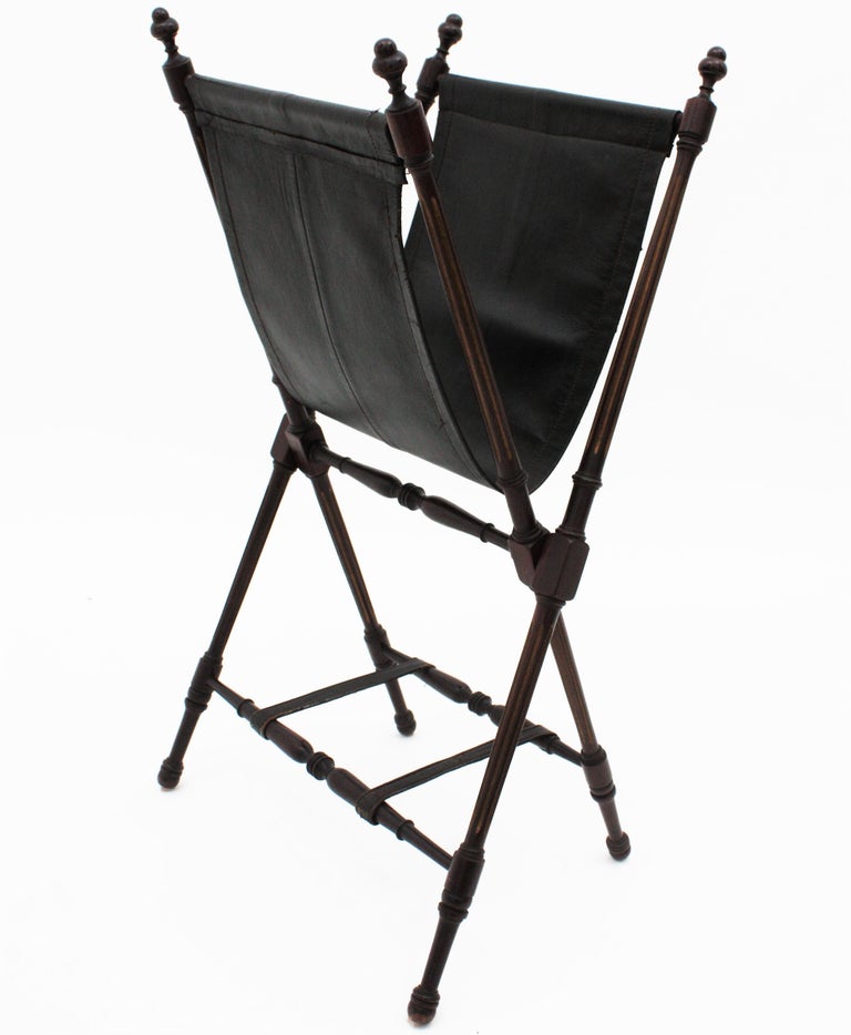 Spanish Folding Magazine Rack, Turned Wood and Black Leather For Sale ...