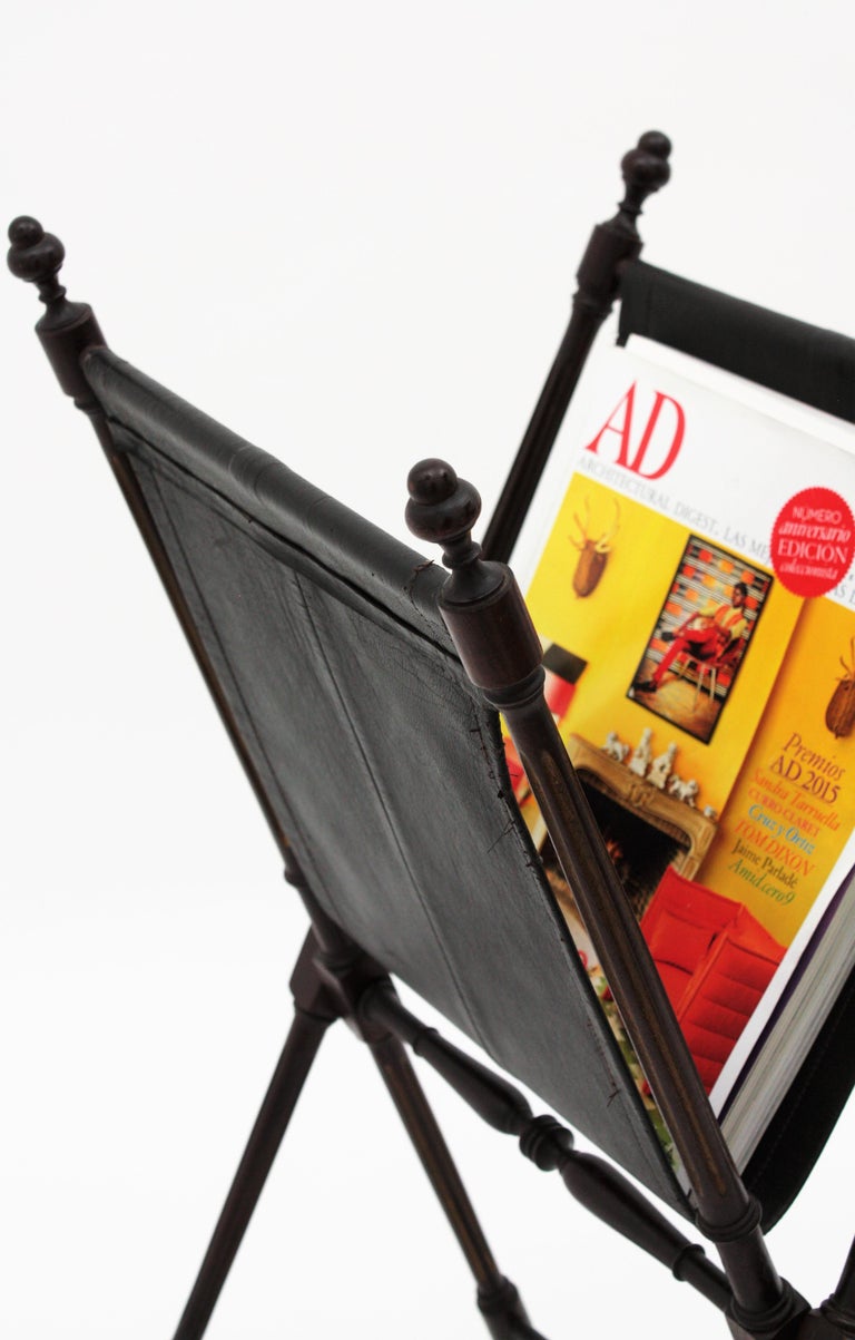 Spanish Folding Magazine Rack, Turned Wood and Black Leather For Sale ...