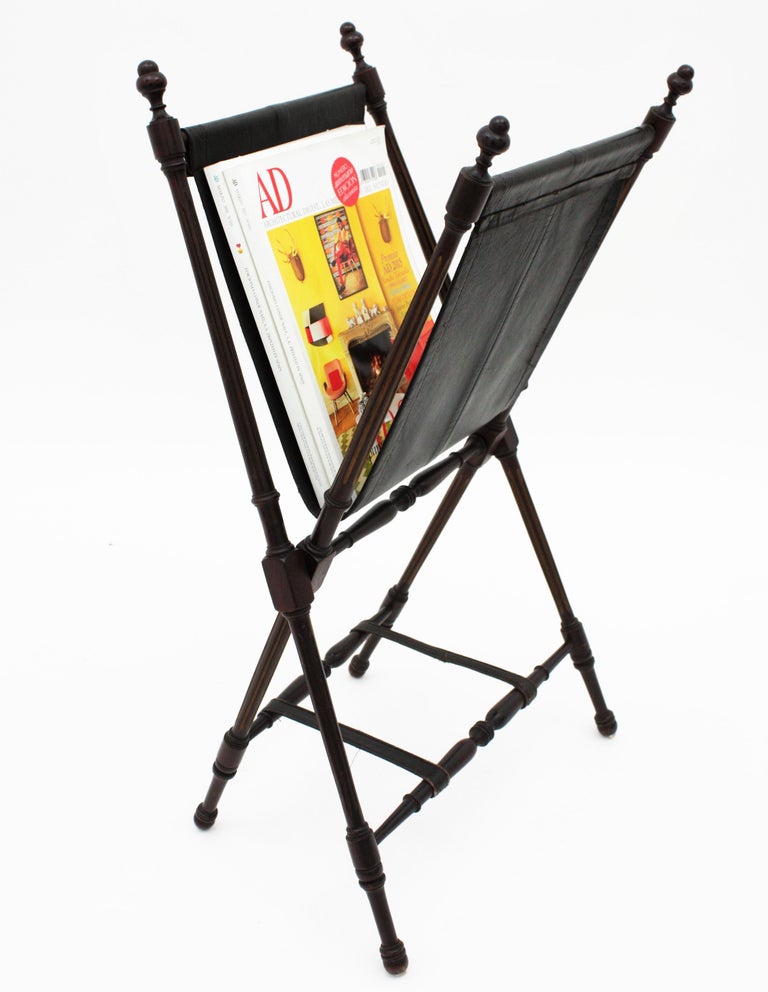 Spanish Folding Magazine Rack, Turned Wood and Black Leather For Sale ...