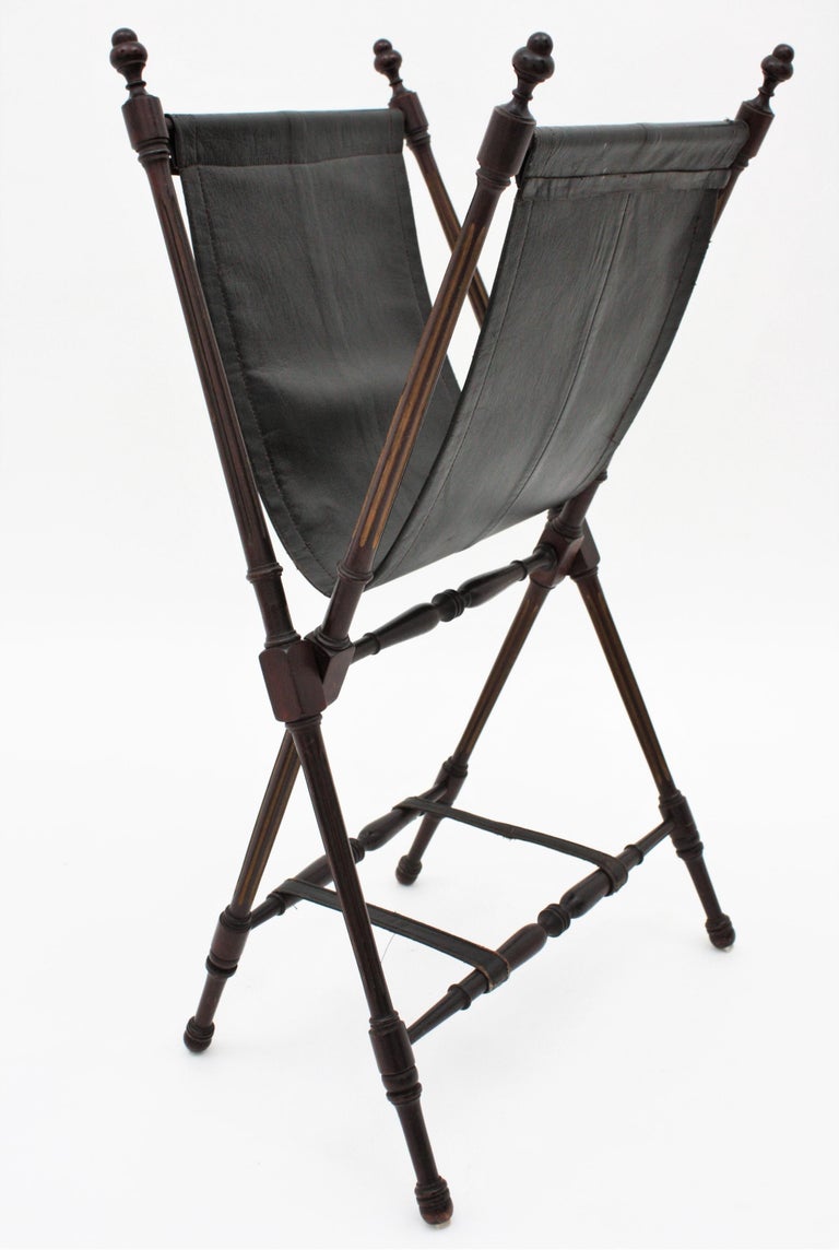Spanish Folding Magazine Rack, Turned Wood and Black Leather For Sale ...