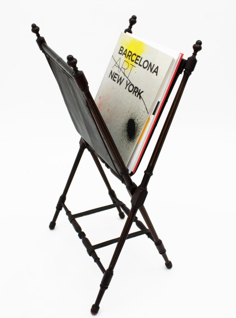 Spanish Folding Magazine Rack, Turned Wood and Black Leather For Sale ...