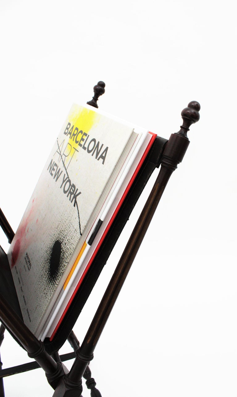 Spanish Folding Magazine Rack, Turned Wood and Black Leather For Sale ...