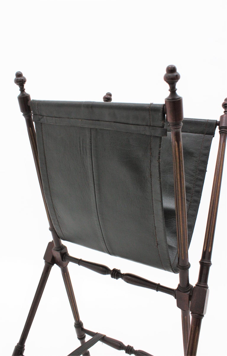 Spanish Folding Magazine Rack, Turned Wood and Black Leather For Sale ...