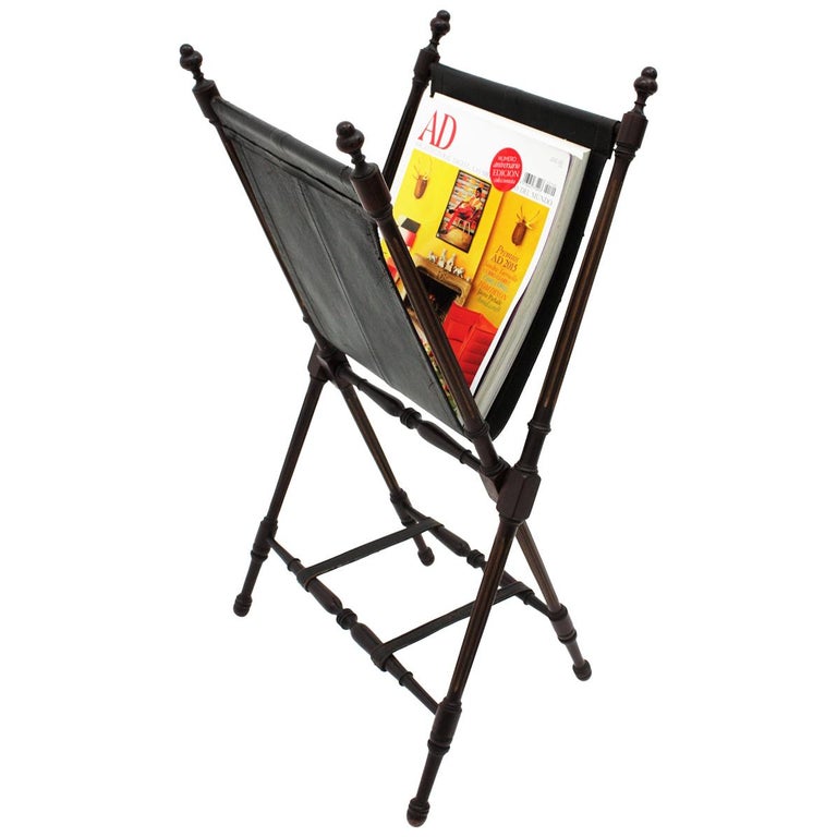 Spanish Folding Magazine Rack, Turned Wood and Black Leather For Sale ...