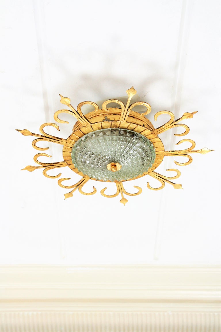 Spanish 1940s Neoclassical Gilt Iron and Glass Flush Mount Ceiling ...