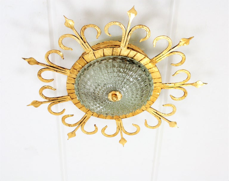 Spanish 1940s Neoclassical Gilt Iron and Glass Flush Mount Ceiling ...
