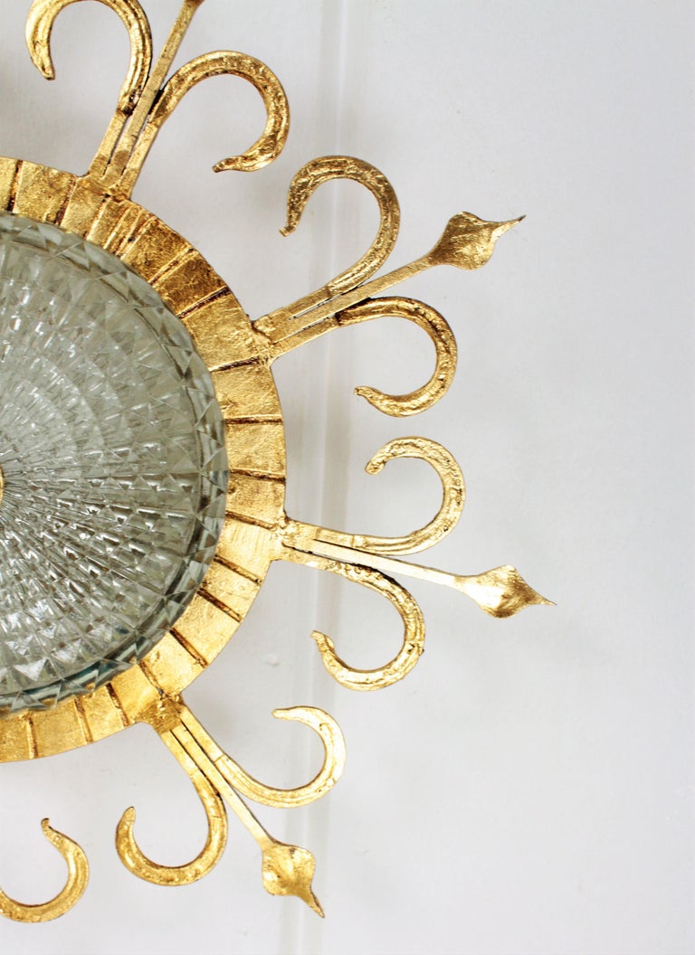 Spanish 1940s Neoclassical Gilt Iron and Glass Flush Mount Ceiling ...