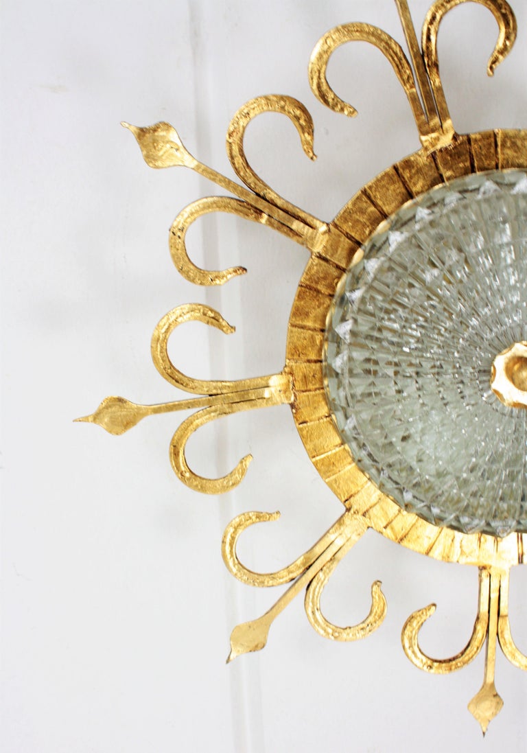 Spanish 1940s Neoclassical Gilt Iron and Glass Flush Mount Ceiling ...