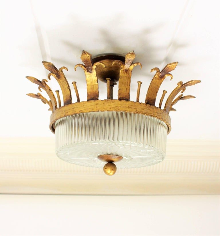 Spanish 1940s Neoclassical Gilt Iron Fluted Glass Flush Mount Ceiling ...