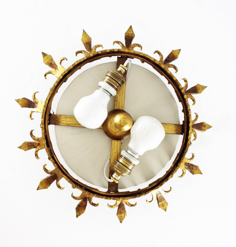 Spanish 1940s Neoclassical Gilt Iron Fluted Glass Flush Mount Ceiling ...