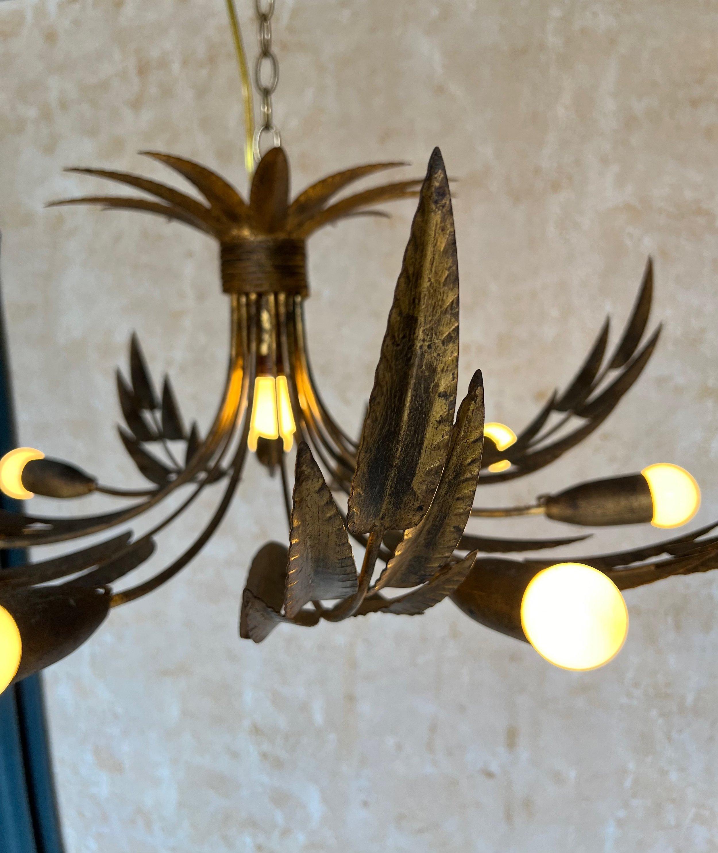 Spanish 1960's Midcentury Modern Gilt Metal Chandelier For Sale at 1stDibs