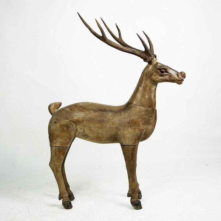 Spanish 19th Century Folk Art Wood Carved Antler Deer Sculpture For ...