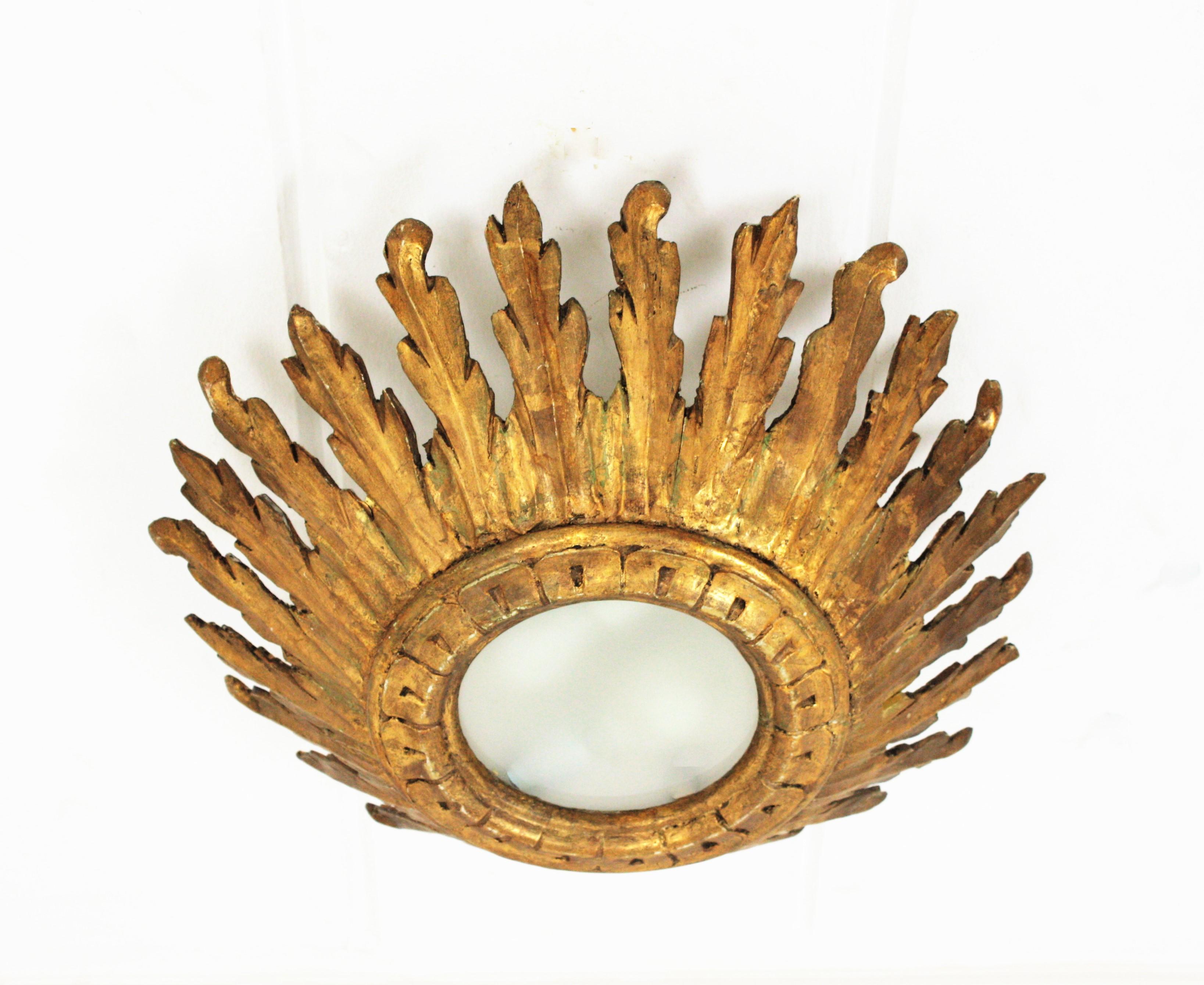 Sunburst Crown Ceiling Flush Mount Light Fixture in Giltwood, Spanish ...