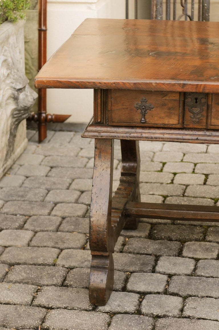 Spanish Baroque Style Walnut Table with Drawers and Lyre Shaped Legs ...