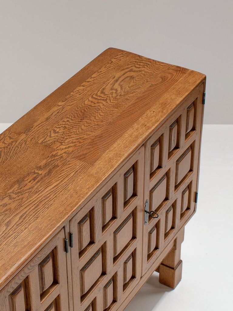 Spanish Brutalist Sideboard in Solid Oak, 1940s at 1stDibs