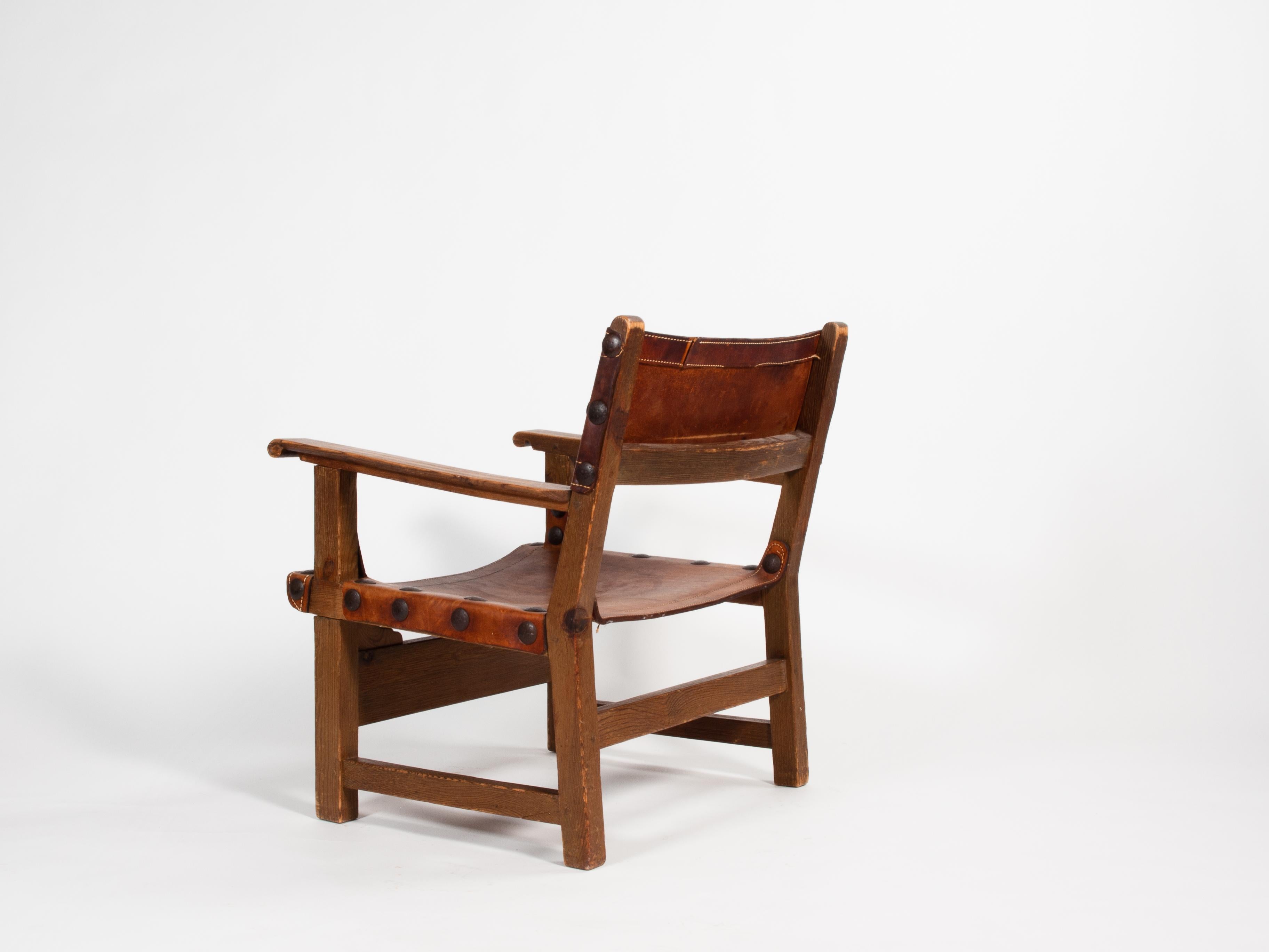 Spanish Brutalist Wood and Leather Armchairs, 1960s, Set of 2 at 1stDibs