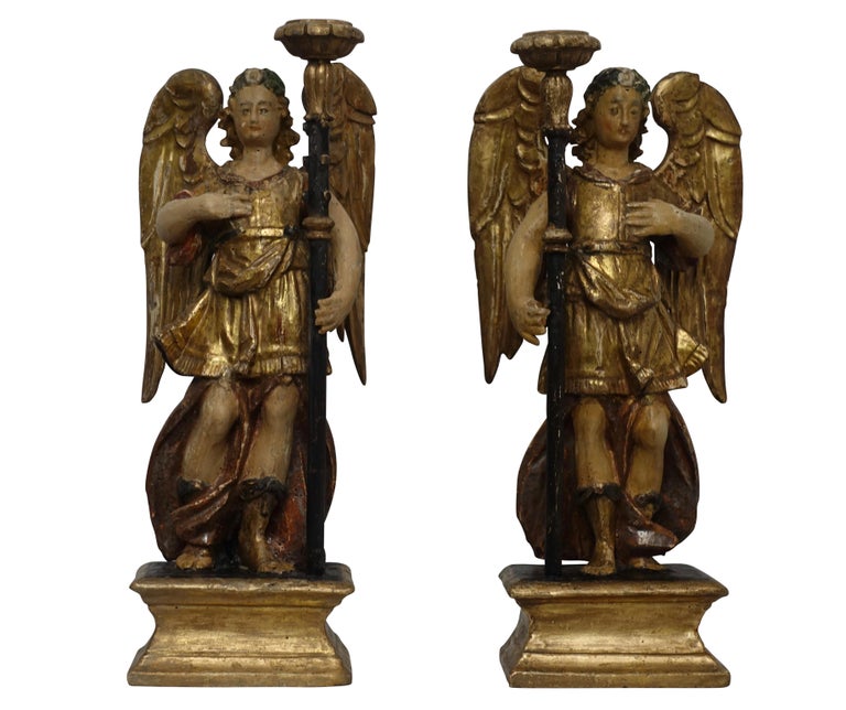 Spanish Colonial Carved and Painted Angel Candleholders, Late 18th ...