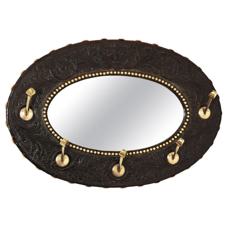 Spanish Colonial Coat Rack Wall Mirror in Repousse Leather and Brass ...