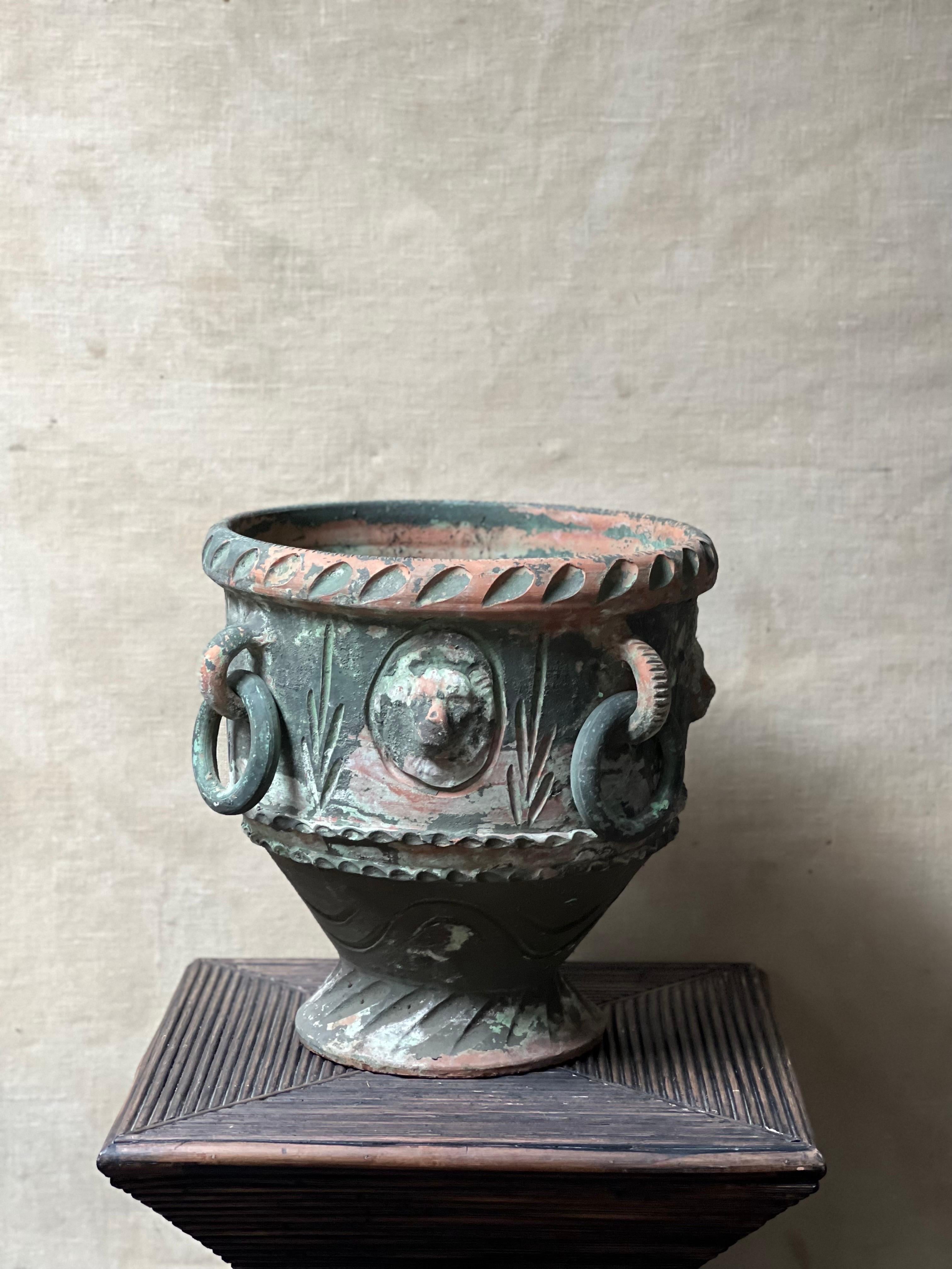 Spanish Colonial Terracotta Green Painted Planter, Lions Head and ...