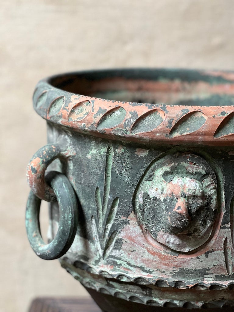 Spanish Colonial Terracotta Green Painted Planter, Lions Head and ...