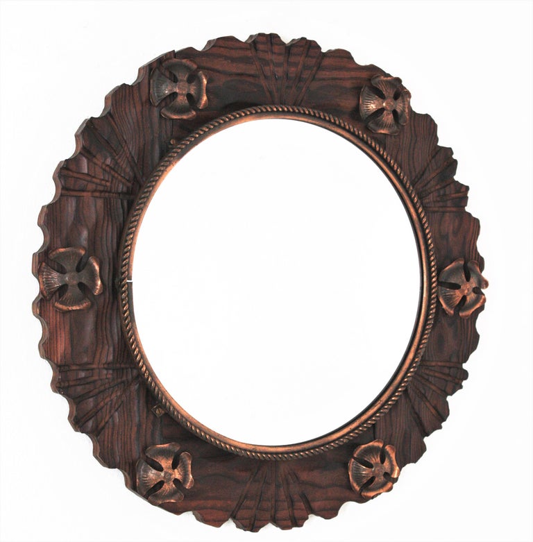 Spanish Colonial Wall Mirror in Carved Wood with Metal Flowers For Sale ...