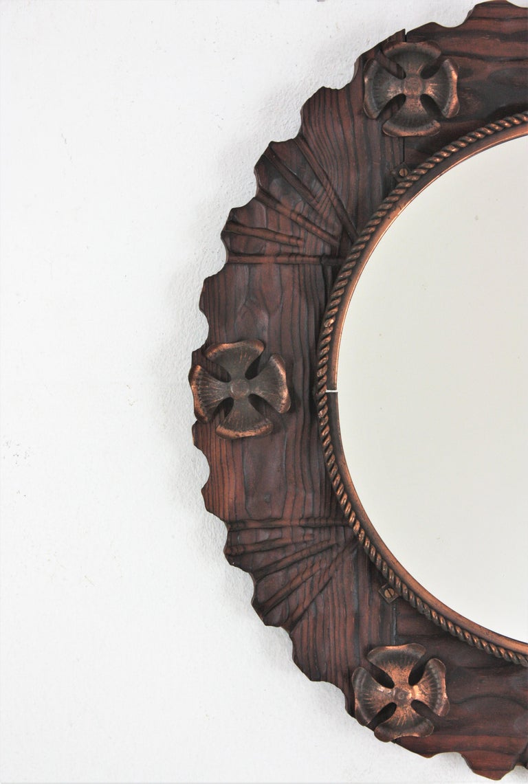 Spanish Colonial Wall Mirror in Carved Wood with Metal Flowers For Sale ...