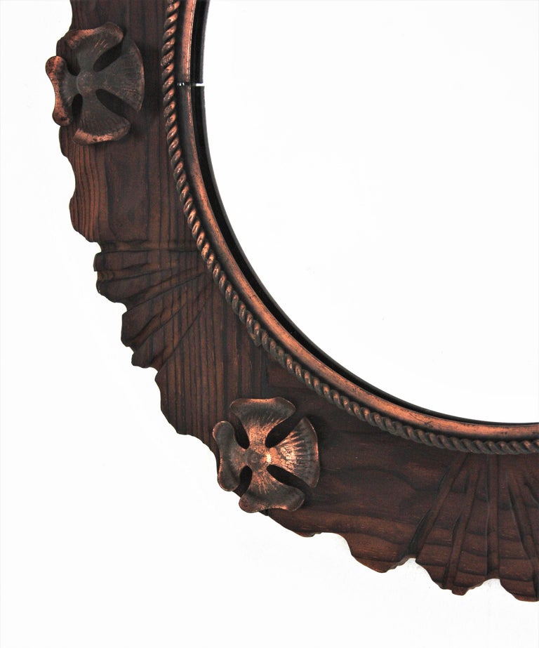 Spanish Colonial Wall Mirror in Carved Wood with Metal Flowers For Sale ...