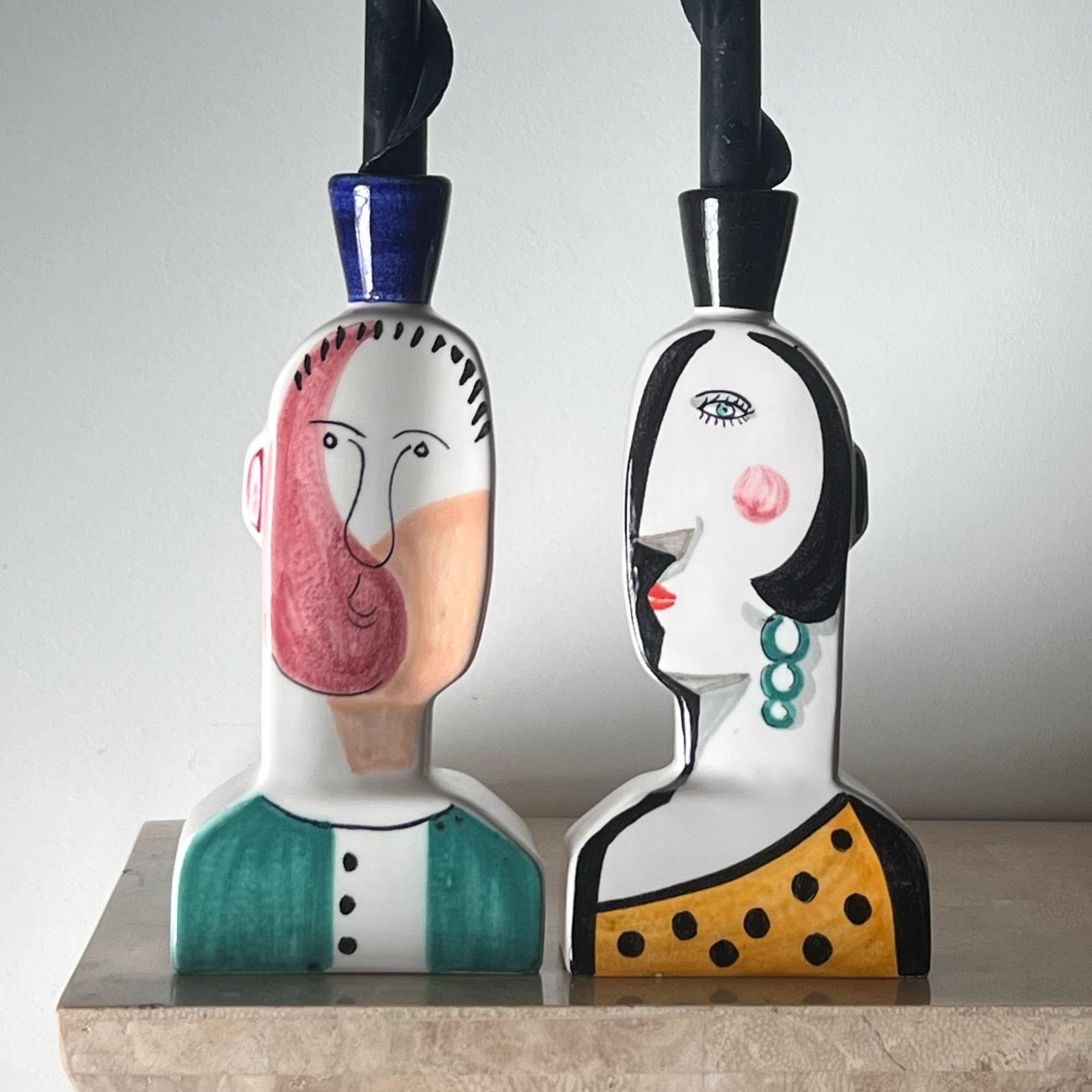 Spanish Cubist figurative “Face” candlesticks, signed by artist, 20th ...