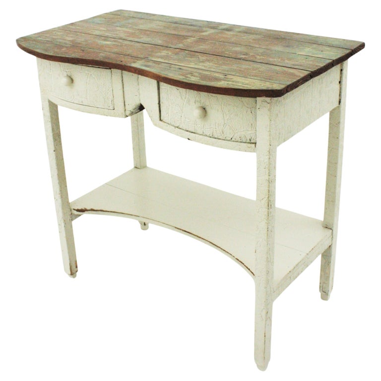 Spanish Double Drawer Rustic Table in Off-White Patina For Sale at 1stDibs
