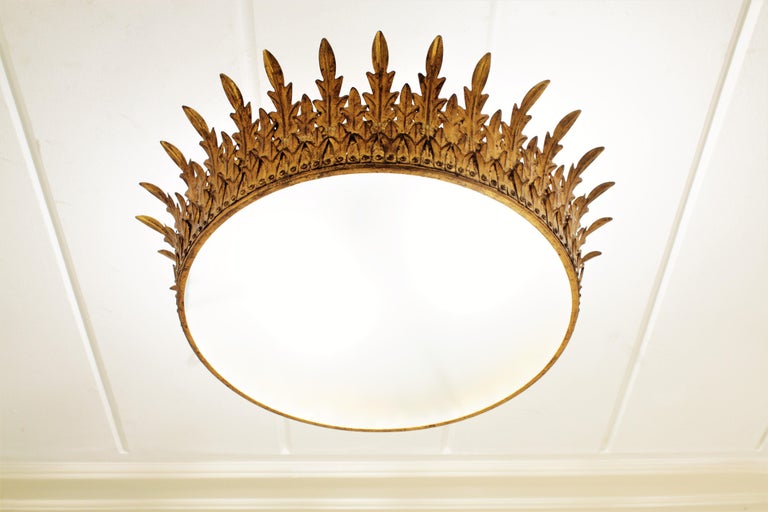 Spanish Extra Large Neoclassical Gilt Iron Sunburst Crown Ceiling Light ...