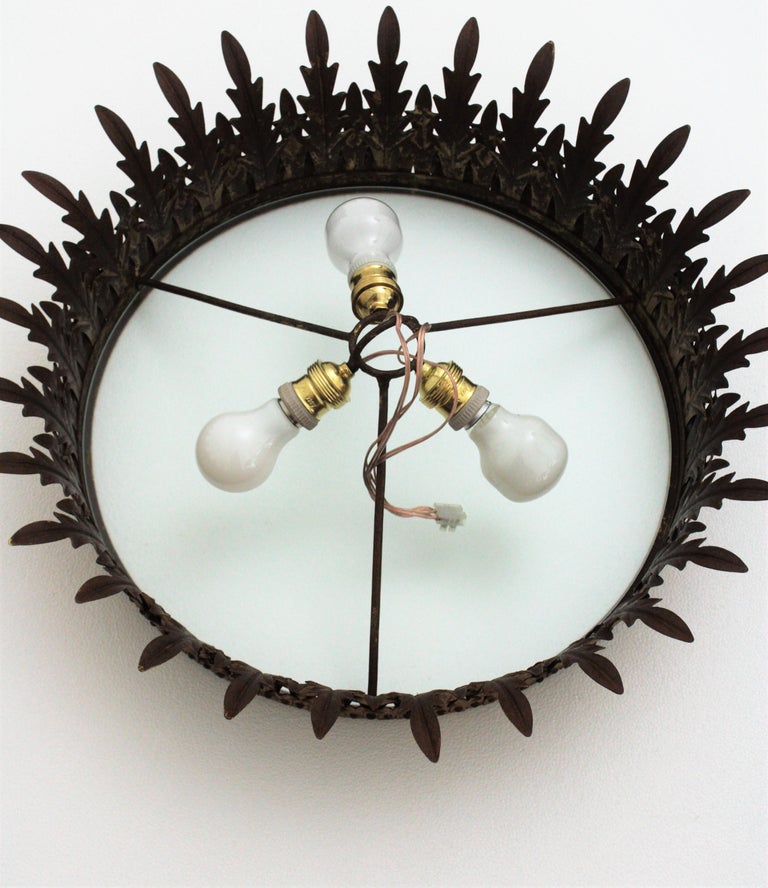 Spanish Extra Large Neoclassical Gilt Iron Sunburst Crown Ceiling Light ...