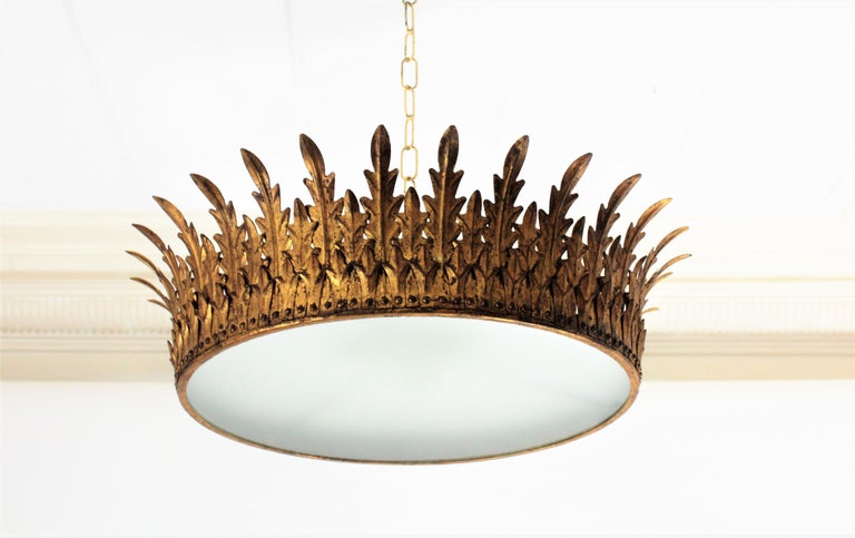 Spanish Extra Large Neoclassical Gilt Iron Sunburst Crown Ceiling Light ...