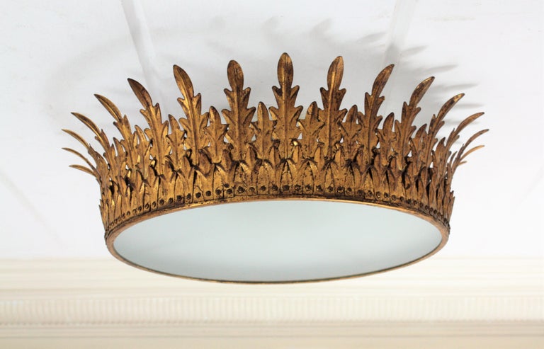 Spanish Extra Large Neoclassical Gilt Iron Sunburst Crown Ceiling Light ...