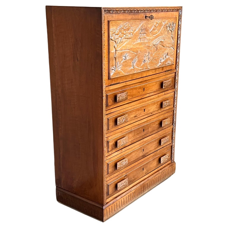Spanish Fall-Front Secretary Desk in Carved Oak, Spain, circa 1950 For ...