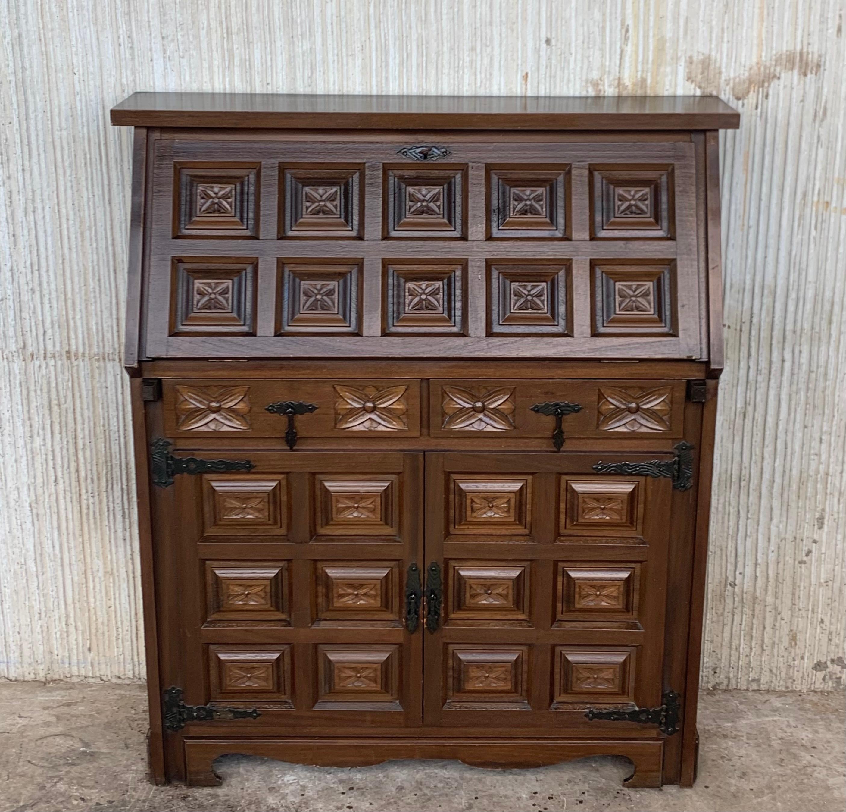 Spanish Fall-Front Secretary Desk in Carved Walnut, Spain, circa 1950 ...