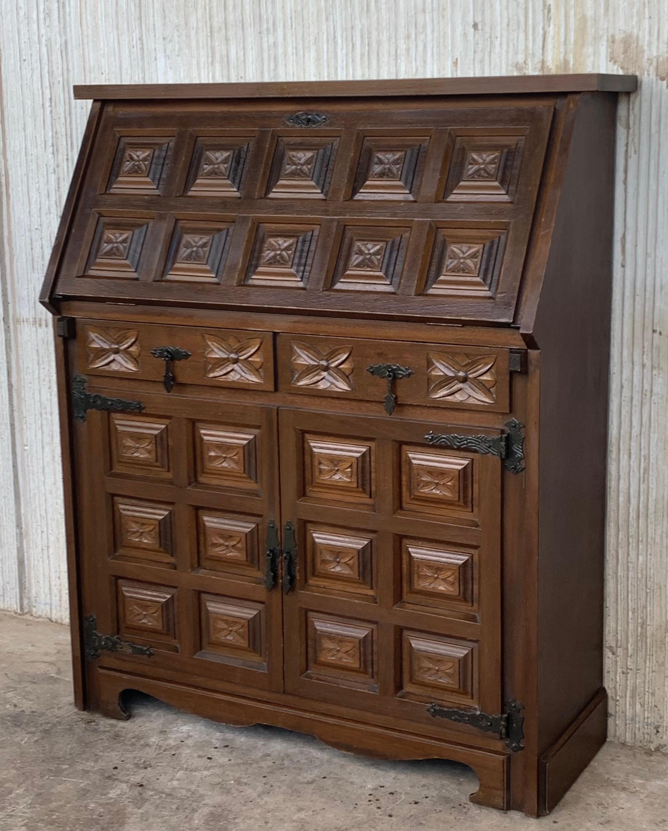 Spanish Fall-Front Secretary Desk in Carved Walnut, Spain, circa 1950 ...