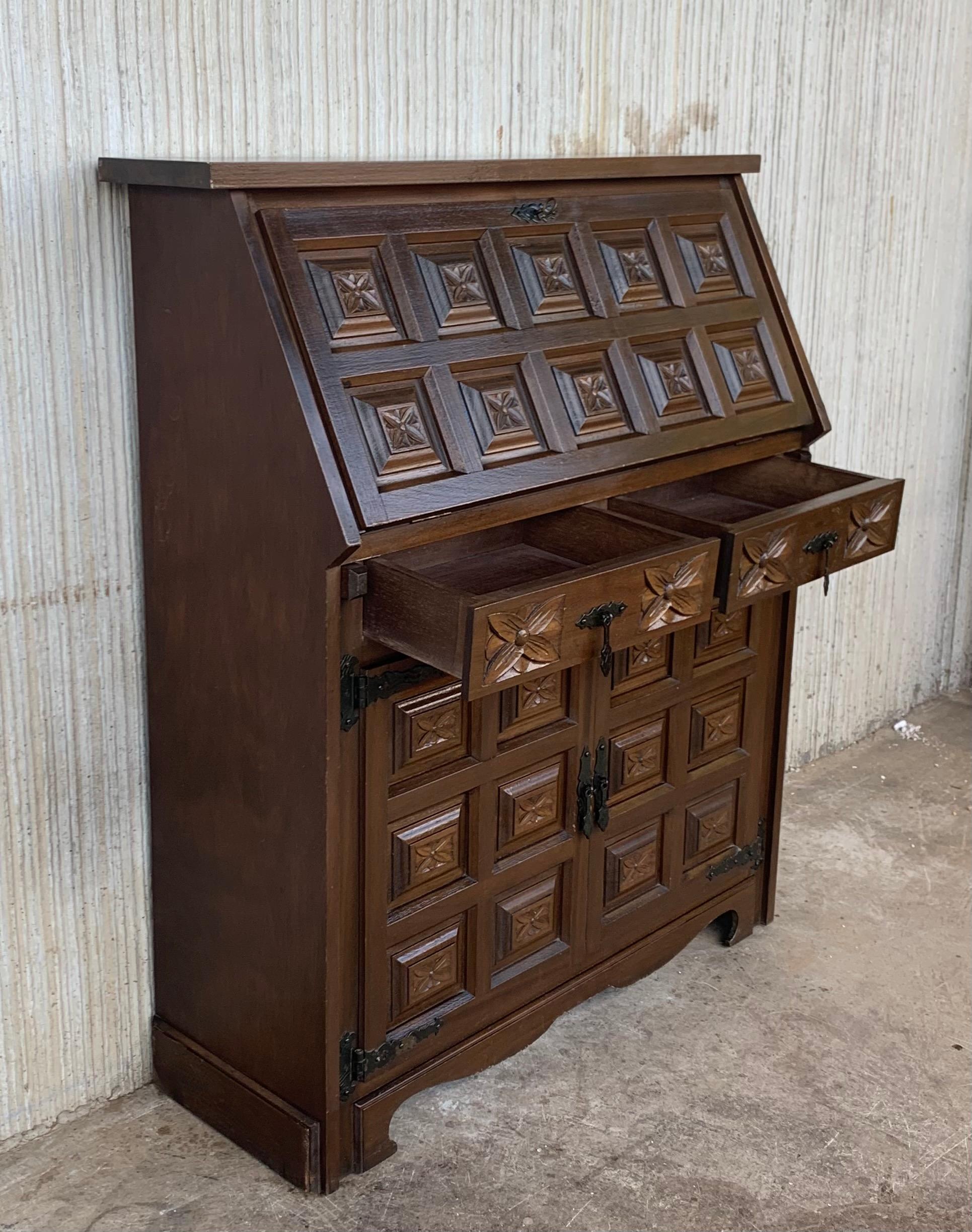 Spanish Fall-Front Secretary Desk in Carved Walnut, Spain, circa 1950 ...