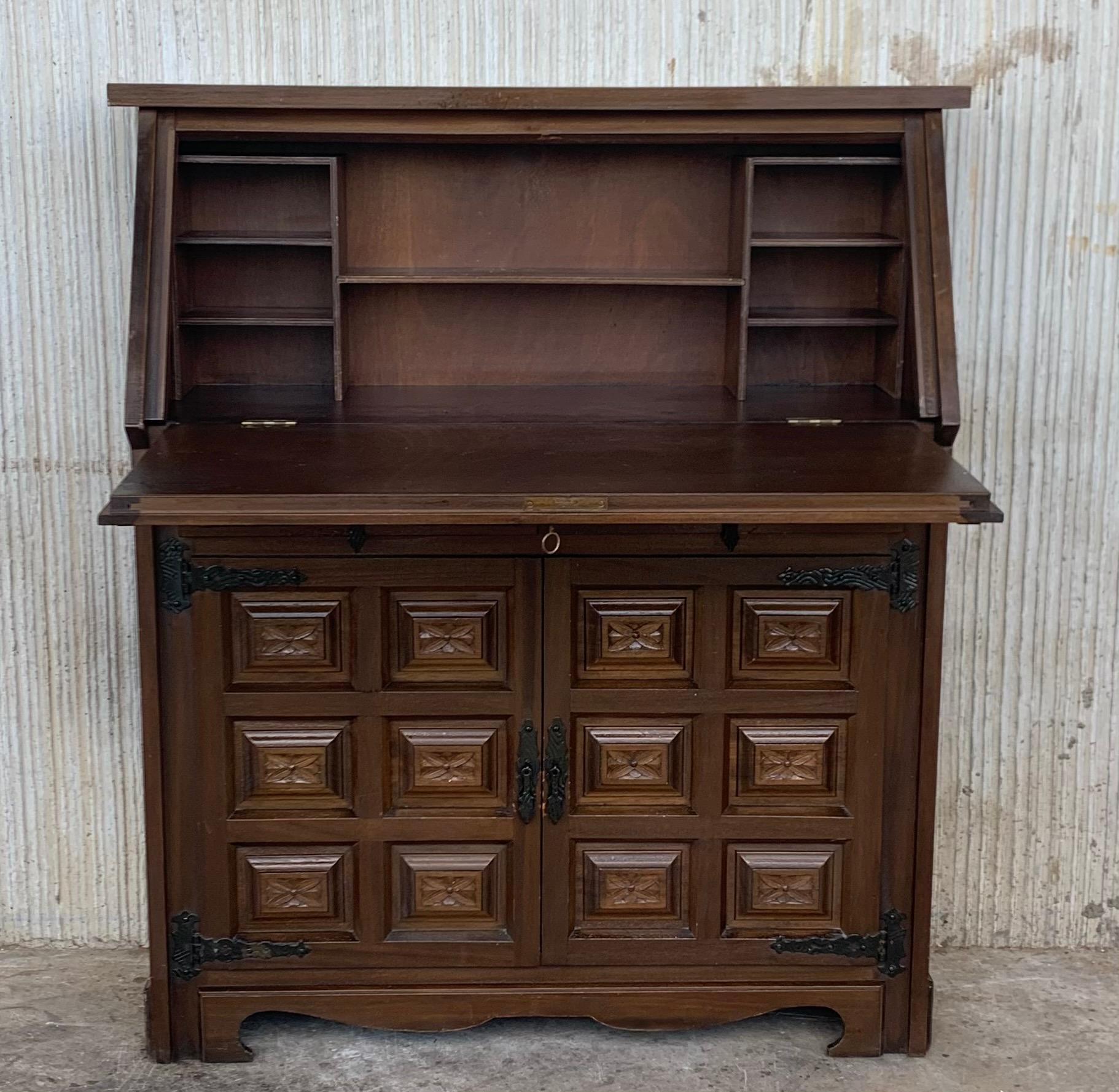 Spanish Fall-Front Secretary Desk in Carved Walnut, Spain, circa 1950 ...