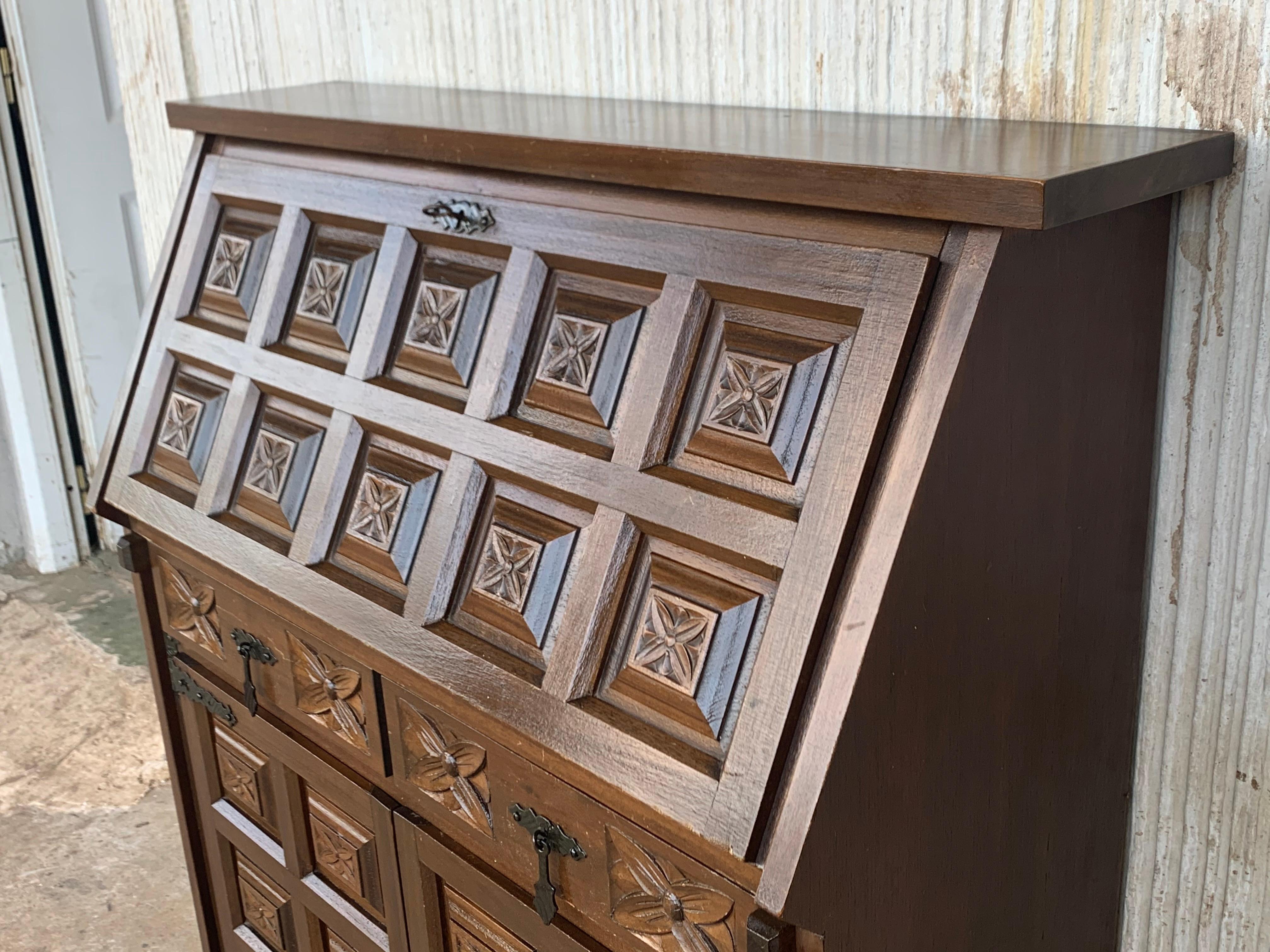 Spanish Fall-Front Secretary Desk in Carved Walnut, Spain, circa 1950 ...