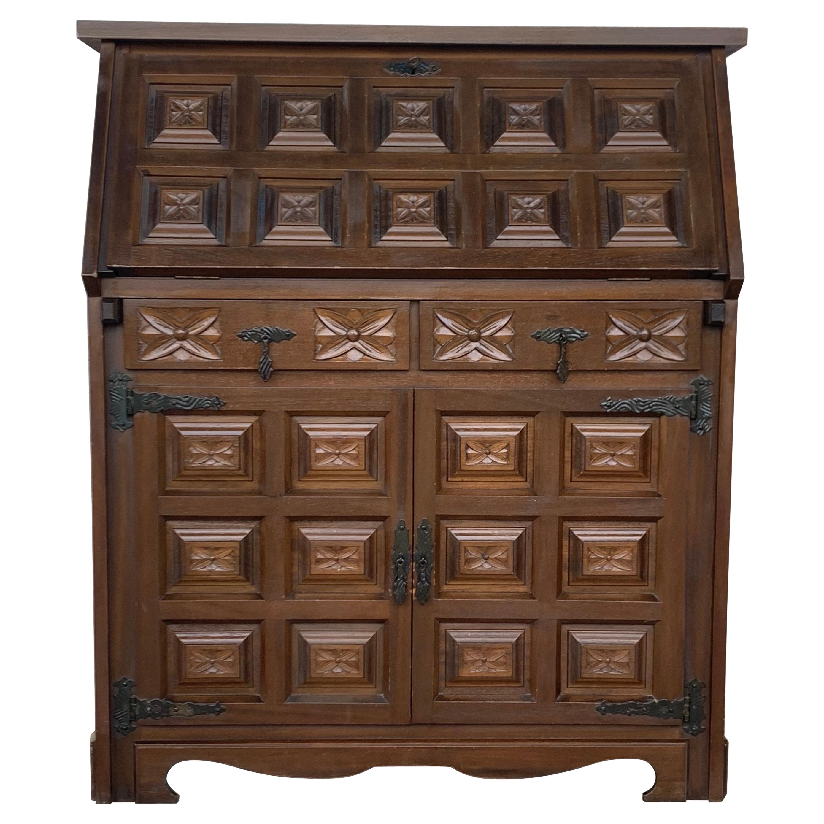 Spanish Fall-Front Secretary Desk in Carved Walnut, Spain, circa 1950 ...