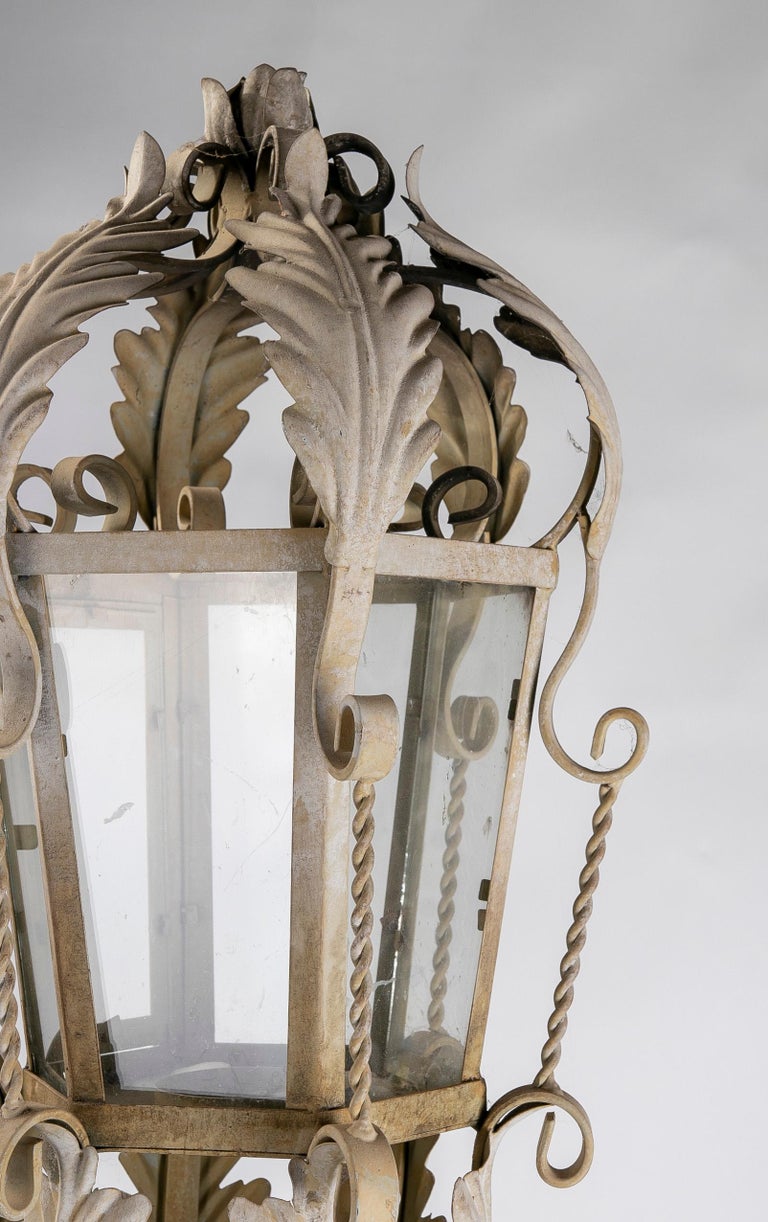 Spanish Floor Lantern in Antique White Painted Iron For Sale at 1stDibs