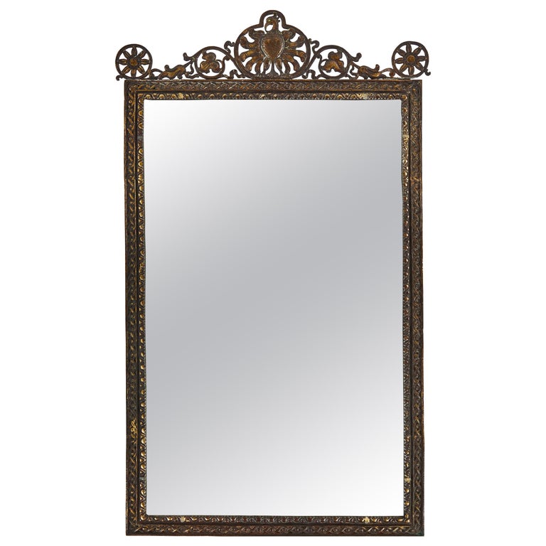 Spanish Gilded Iron Wall Mirror with Figural Bird and Scroll Details ...