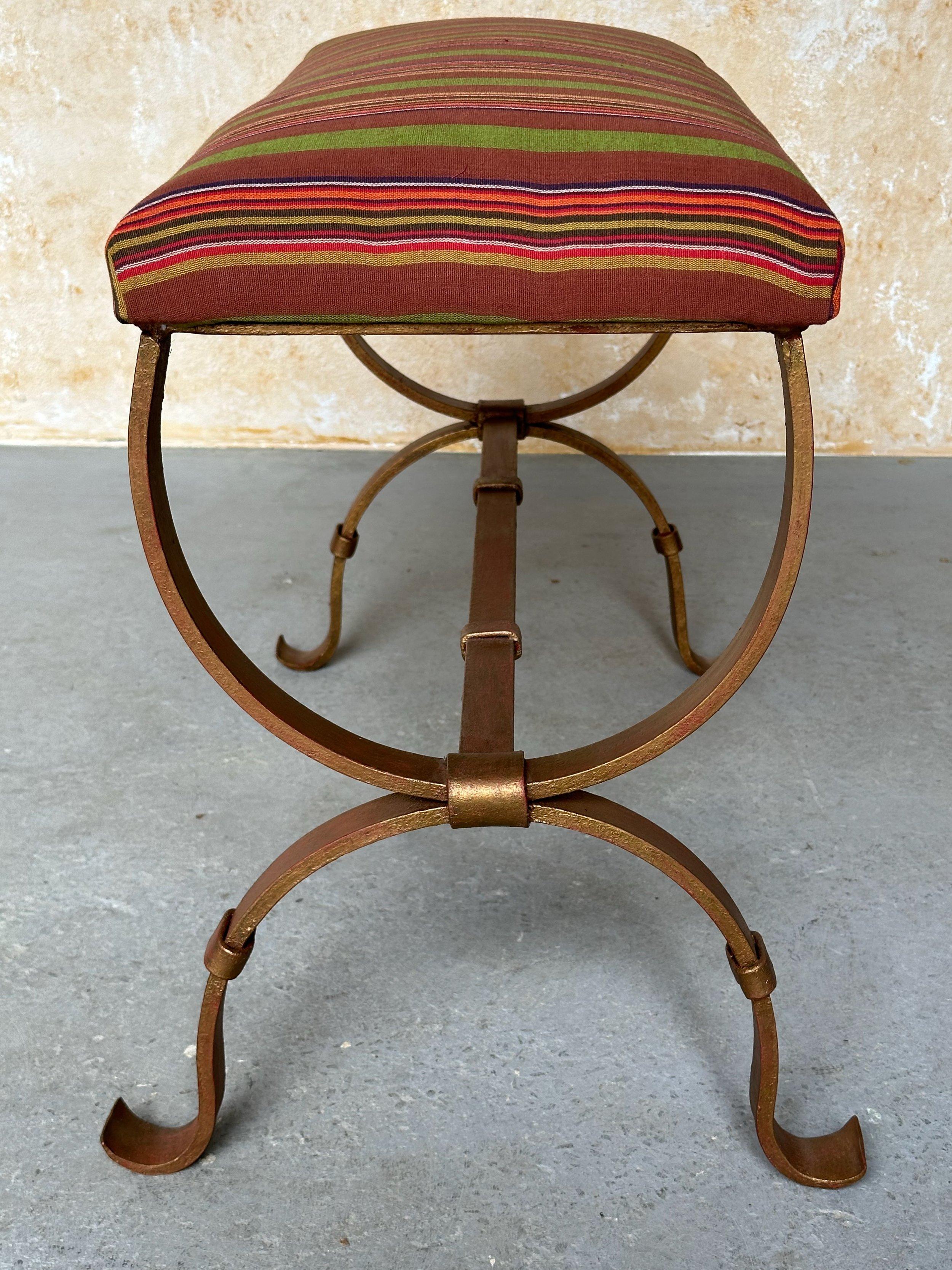 Spanish Gilt Iron Bench in Striped Fabric For Sale at 1stDibs