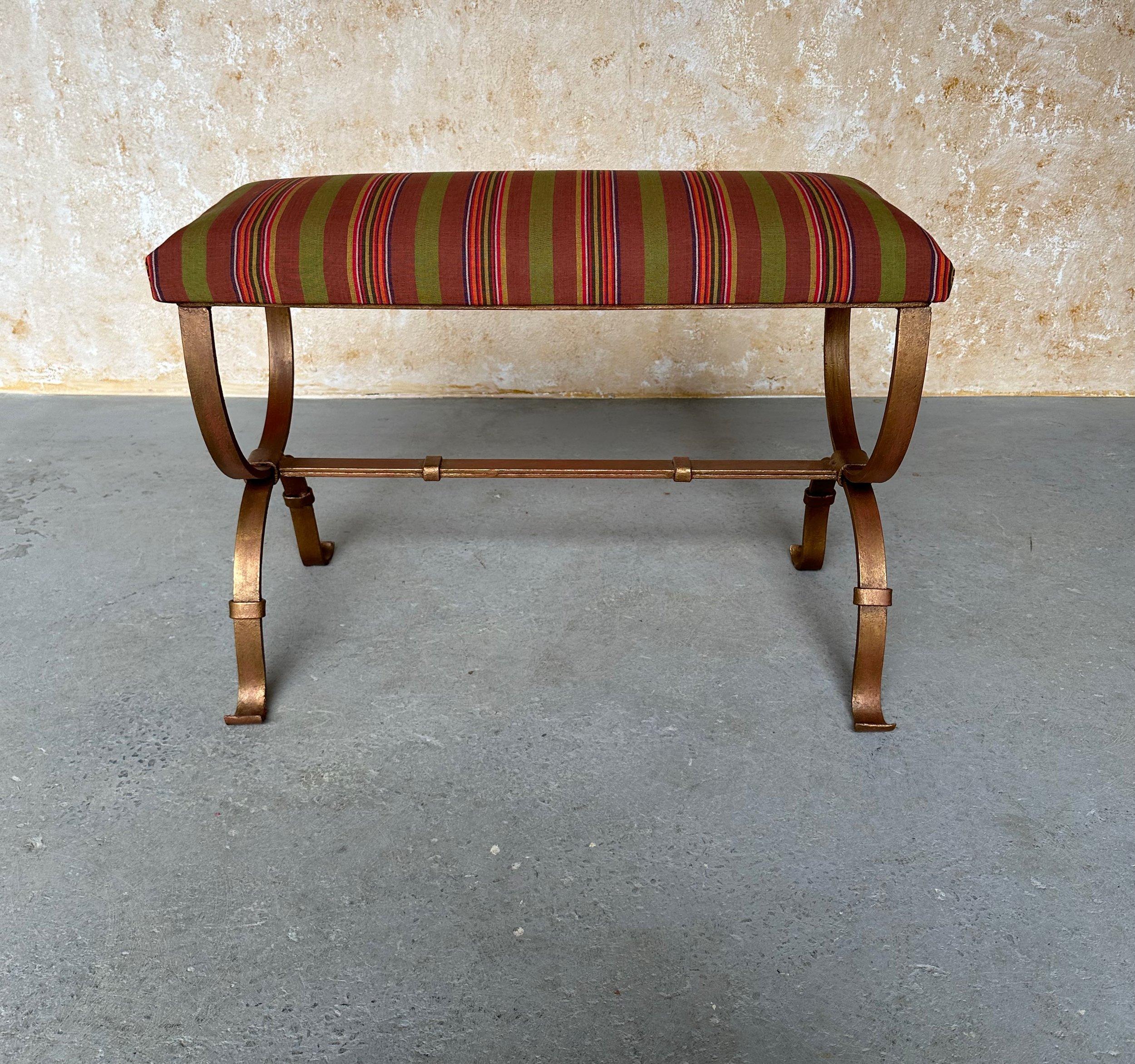 Spanish Gilt Iron Bench in Striped Fabric For Sale at 1stDibs
