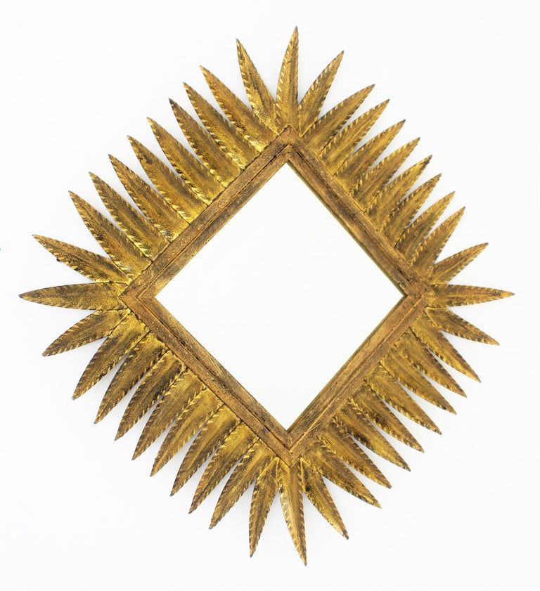 Sunburst Mirror Rhombus Shape, Gilt Wrought Iron, 1950s For Sale at 1stDibs