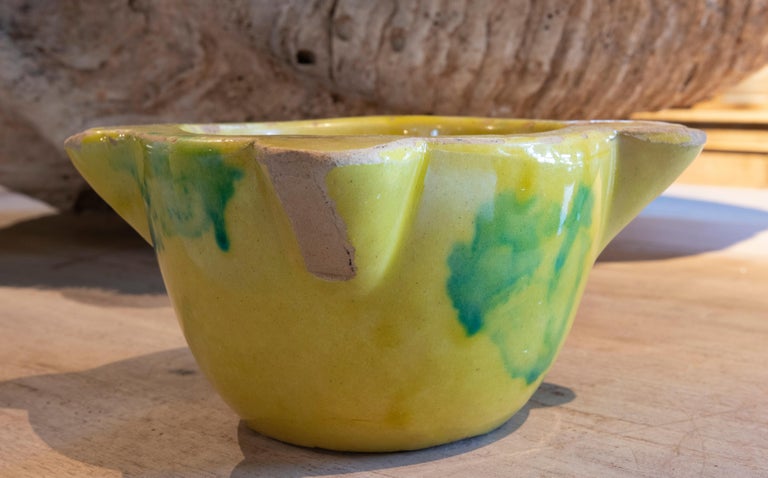 Spanish Glazed Ceramic Mortar in Yellow and Green Color For Sale at 1stDibs