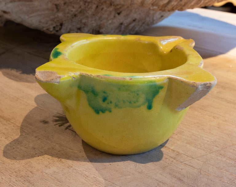 Spanish Glazed Ceramic Mortar in Yellow and Green Color For Sale at 1stDibs