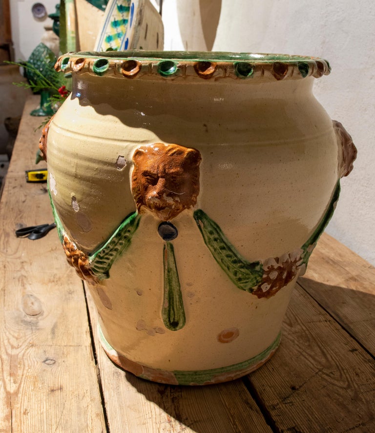 Spanish Glazed Planter with Lions and Garlands Decoration For Sale at ...
