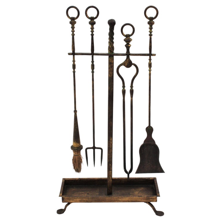 Spanish Gothic Revival Fireplace Tool Set Stand, Gilt Wrought Iron at ...
